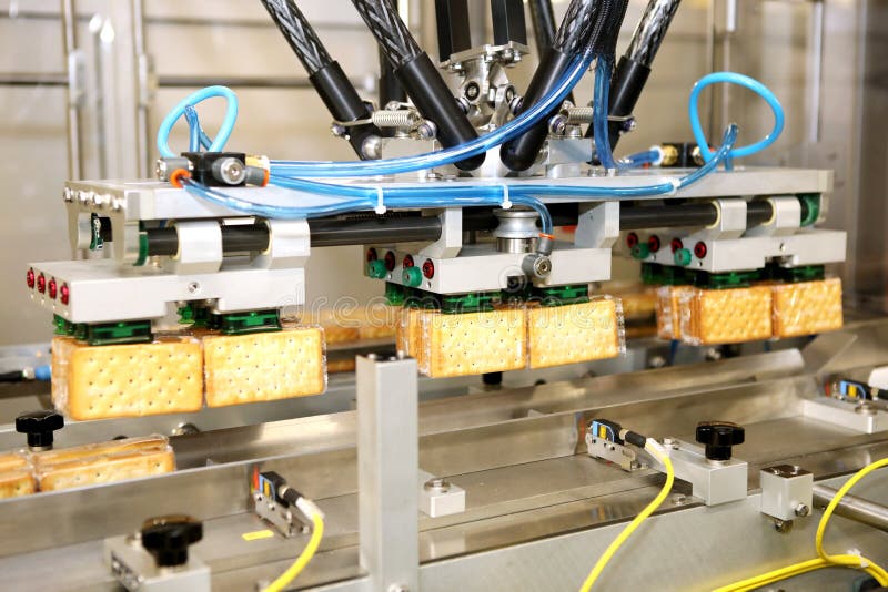 Large Biscuit Factory. a Line of Biscuits in a Large Factory. Packing ...