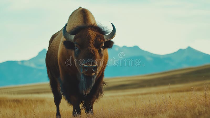 Large Bison is Standing in a Grass Field with Mountains in the ...