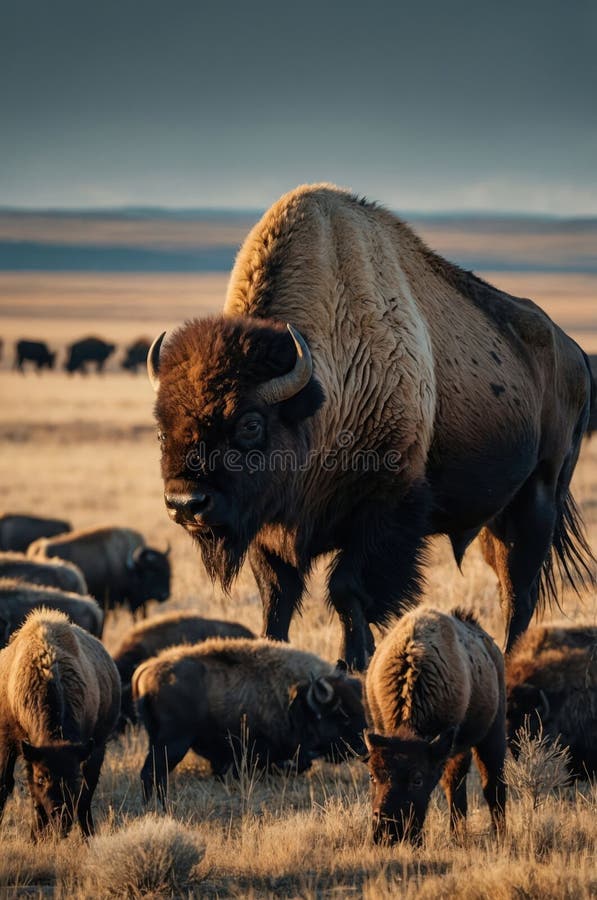 Majestic American Bison Bull Leading Herd at Sunset Stock Illustration ...