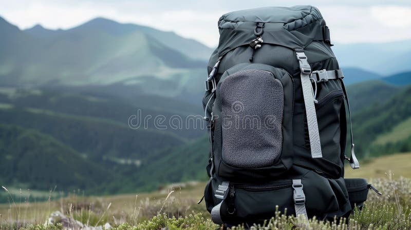 A Large Black Backpack Rests on a Grassy Hilltop with a Mountain Range ...