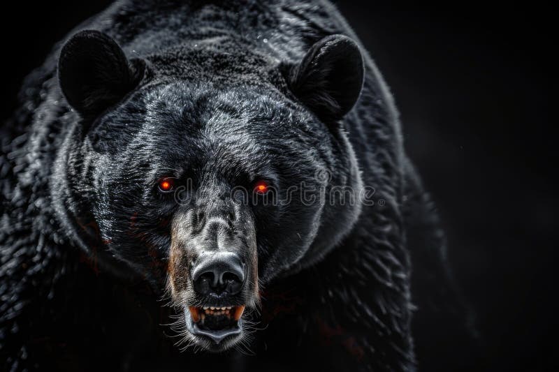 A Large Black Bear Walks in the Dark, Its Bright Red Eyes Visible Stock ...