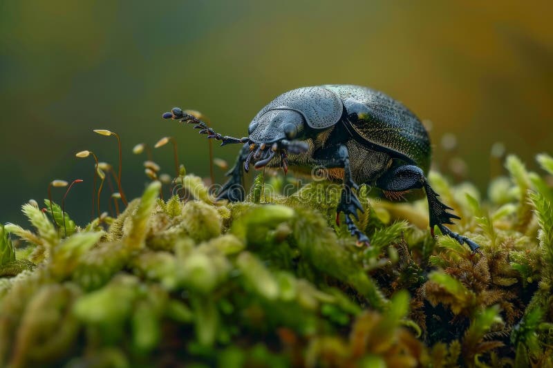 Large Black Beetle Exploring a Vibrant Bed of Green Moss in Nature ...