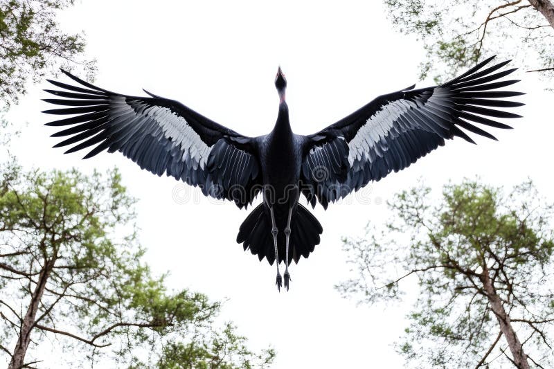 A Large Black Bird Flies through the Dense Foliage of a Forest Stock ...