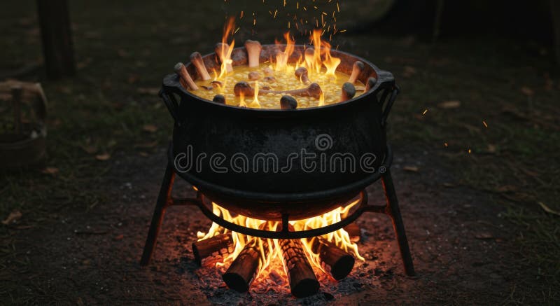 Large Black Cauldron Boiling Over Open Fire at Night Stock Illustration ...
