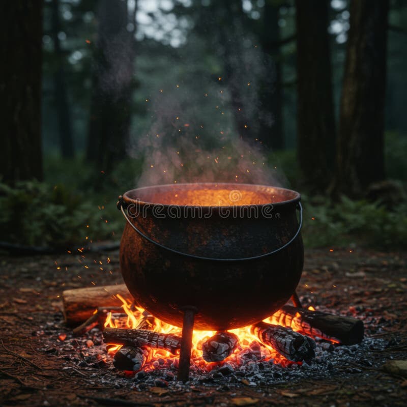 Large Black Cauldron on Campfire in Dark Forest Stock Illustration ...