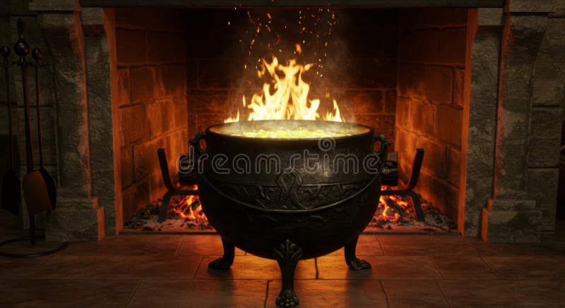 Large Black Cauldron on a Fiery Fireplace Stock Illustration ...