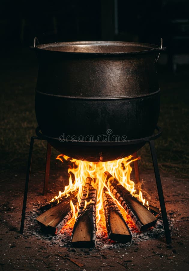 Large Black Cauldron Over a Campfire at Night Stock Illustration ...