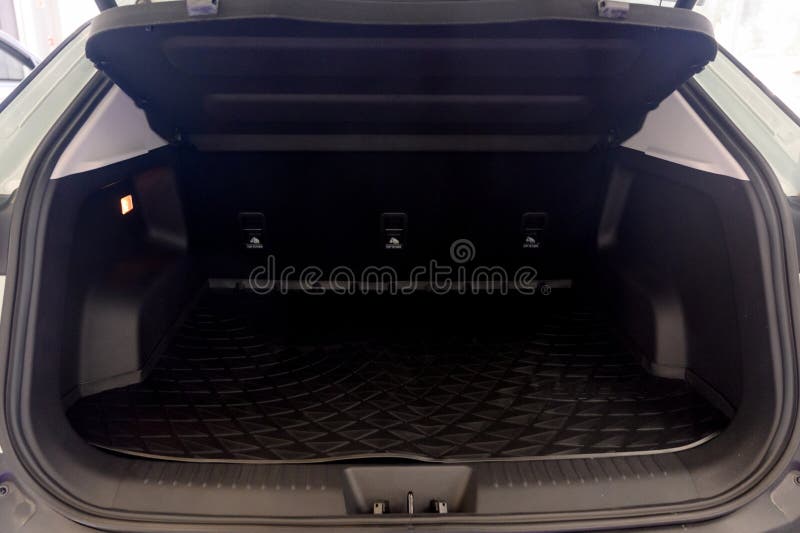Large Black Empty Car Trunk. Open Car Trunk Close Up Stock Photo ...