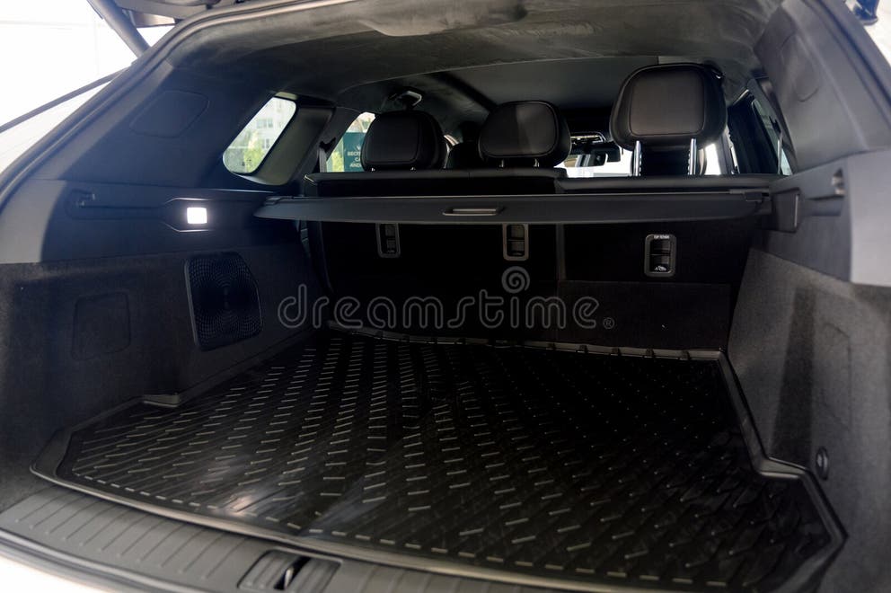 Large Black Empty Car Trunk. Open Car Trunk Close Up Stock Photo ...