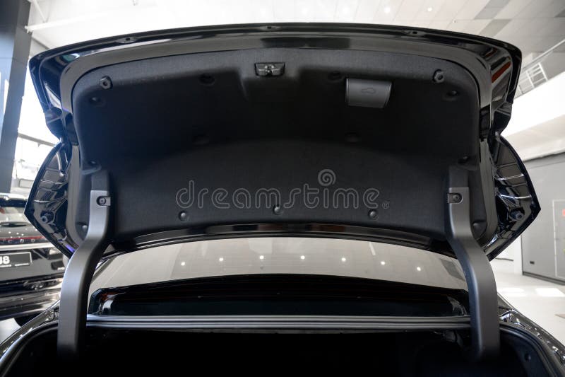 Large Black Empty Car Trunk. Open Car Trunk Close Up Stock Photo ...