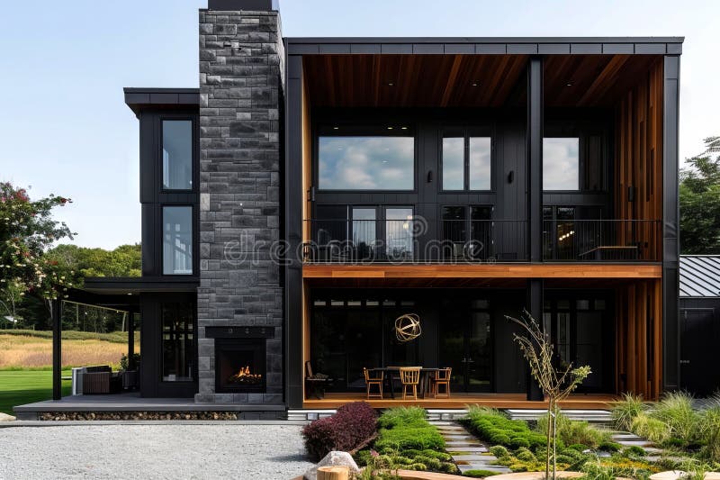 A Large Black House with a Stone Fireplace in the Front Yard Stock ...