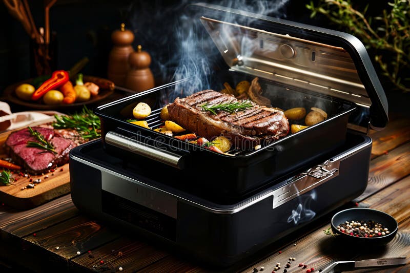 A Large Black Oven with Meat and Vegetables Stock Photo - Image of ...