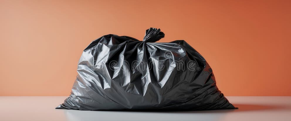 Large Black Plastic Garbage Bag on a Bold Orange Studio Background ...
