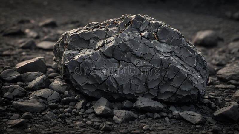Large Black Rock Surrounded by Smaller Stones on a Dark Surface Under ...