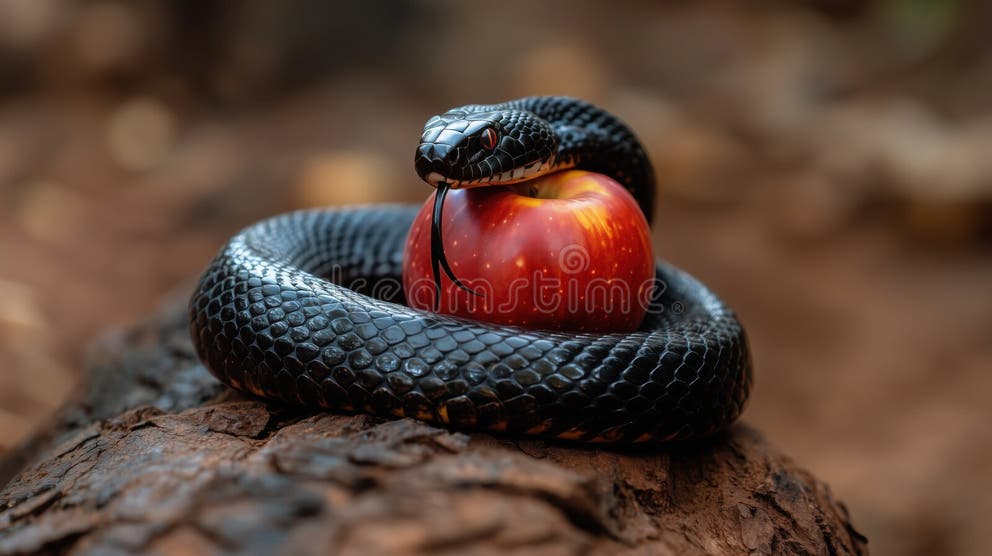 Large Black Snake Coiled Around Red Apple on Tree Trunk in Natural ...