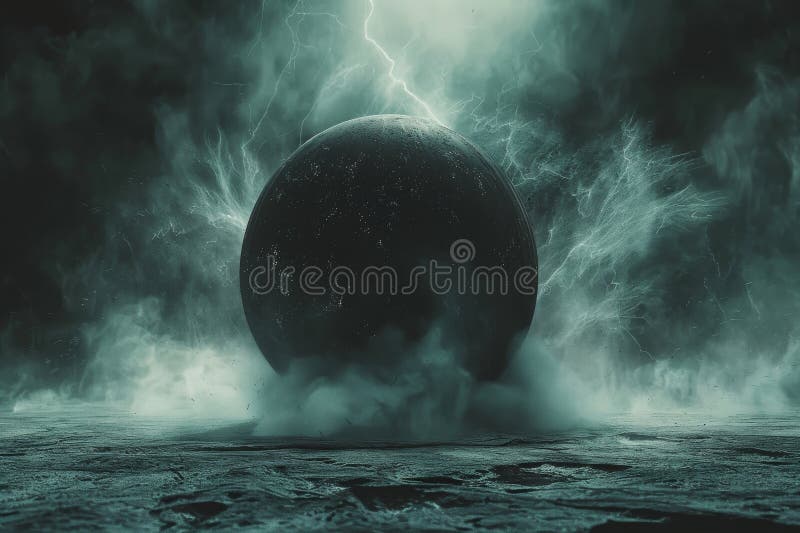 A Large Black Sphere is Surrounded by a Cloud of Smoke and a Bolt of ...