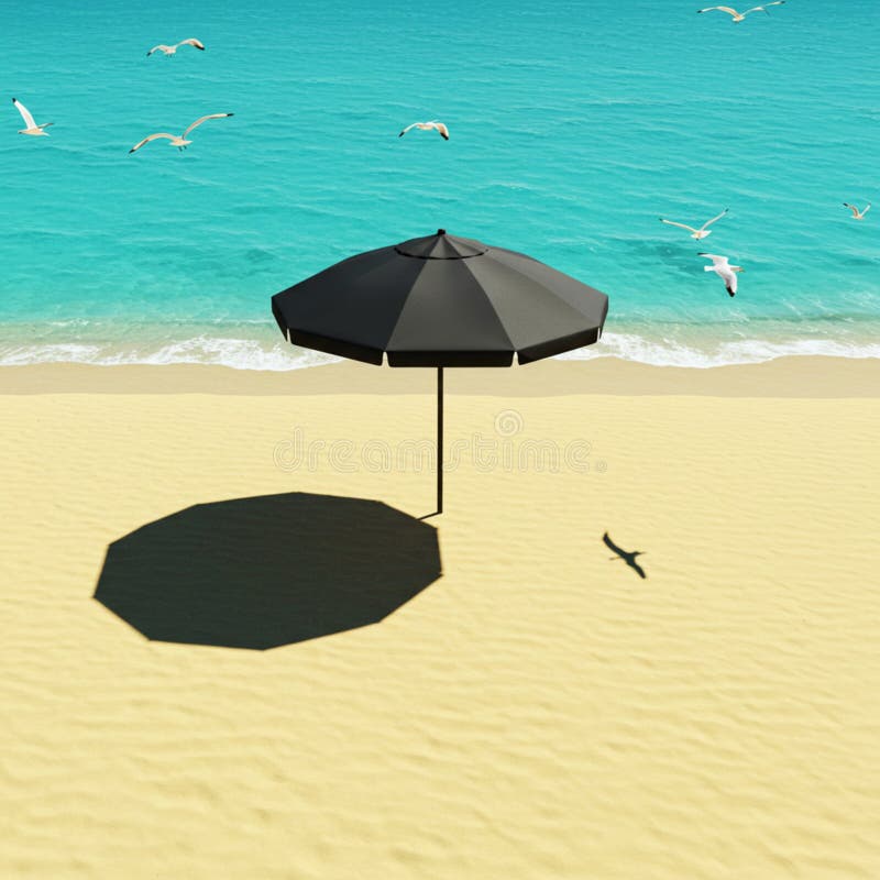 A Large Black Umbrella Stands on a Sandy Beach, Casting a Dark ...