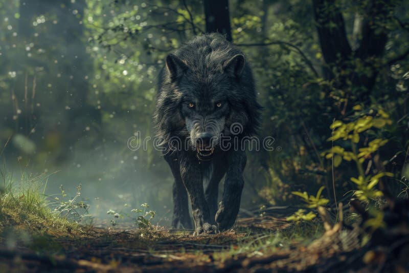 A Large Black Wolf Walking through a Forest. Suitable for Wildlife or ...