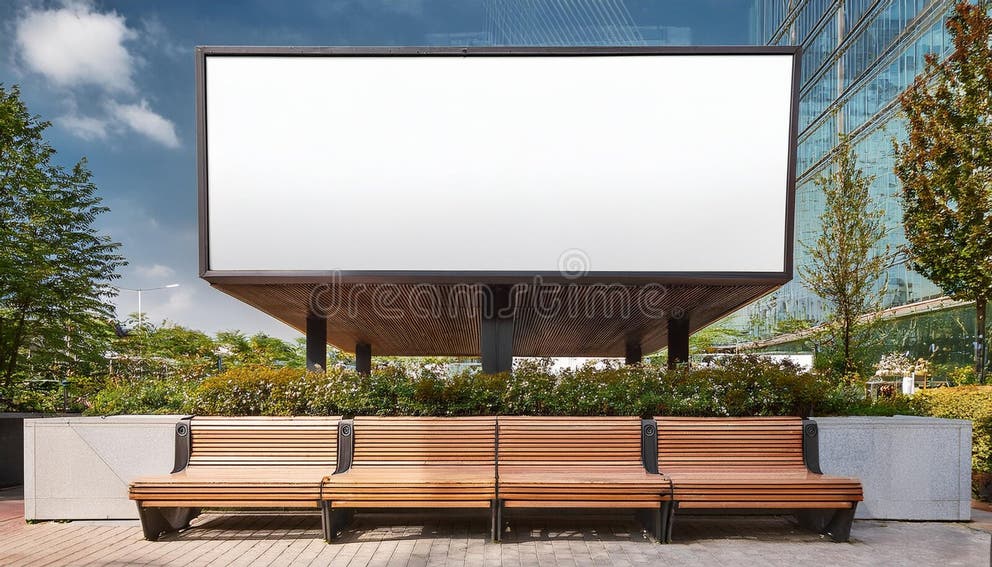 Large Blank Billboard Above Benches in Modern Outdoor Setting Stock ...