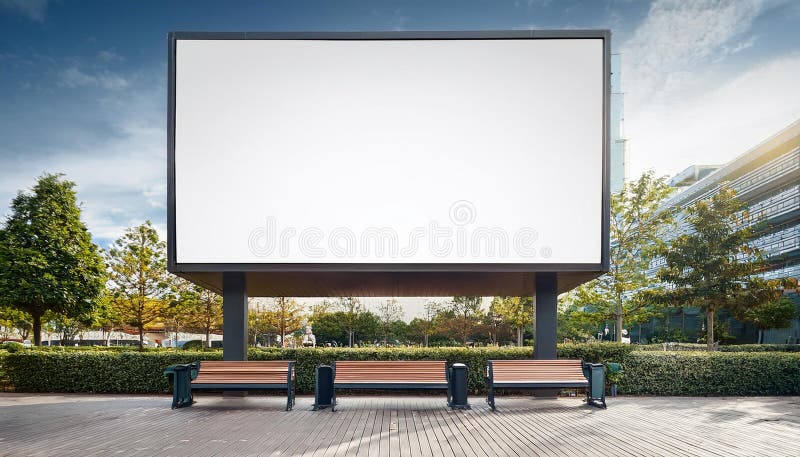 Large Blank Billboard Above Benches in Modern Outdoor Setting Stock ...