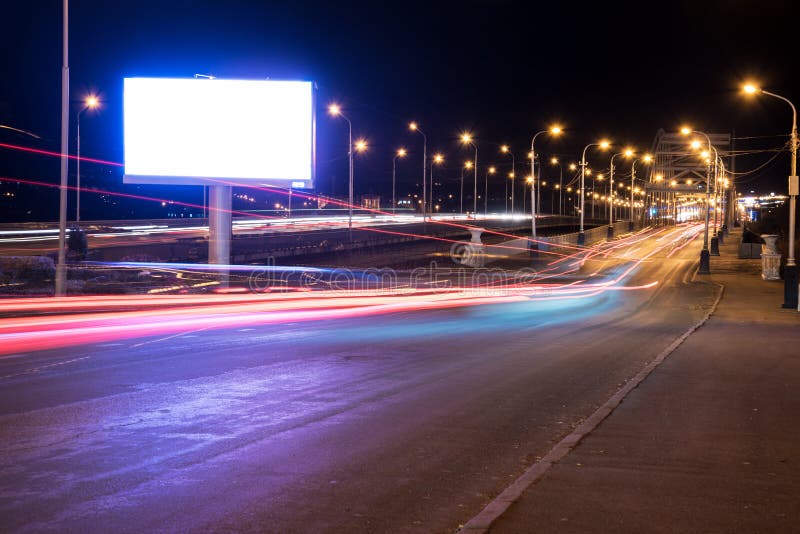 Billboard on Bridge on Asphalt Empty Road with Sidewalk and Two Lane ...