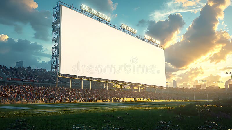 Large Blank Billboard Stands in Stadium at Sunset, Surrounded by Fans ...