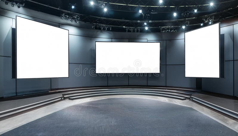 Large Blank Display Screens on Stage in Modern Exhibition Hall. 3D ...