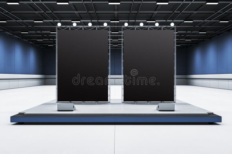 Large Blank Display Screens on Stage in Modern Exhibition Hall. 3D ...