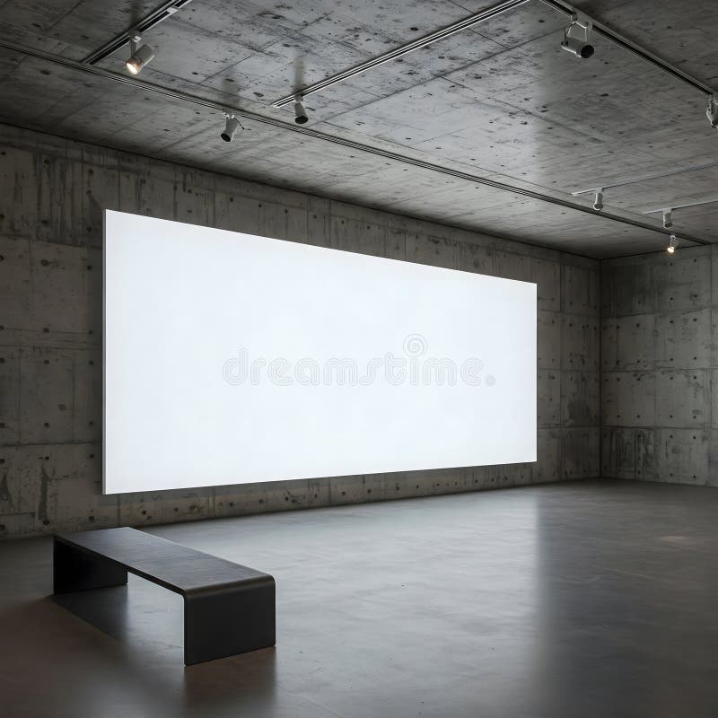 A Large Blank Screen on a Concrete Wall in a Gallery Space with a Black ...