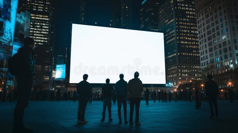 Large Blank Screen in Urban Nightscape with Five Silhouetted ...