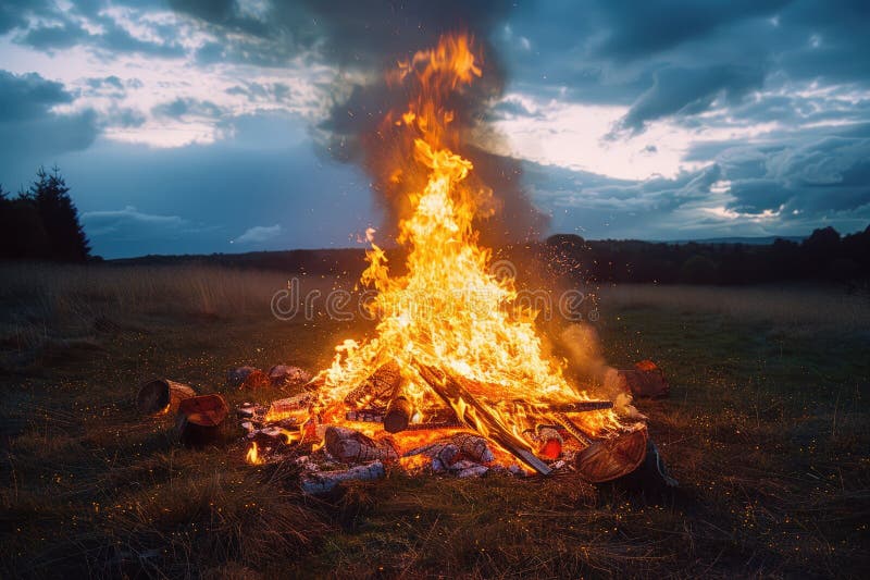 Fiery Bonfire Blazing Under Dramatic Twilight Sky Stock Illustration ...