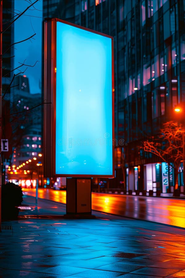 A Large Blue Billboard on the Side of a City Street at Night Stock ...