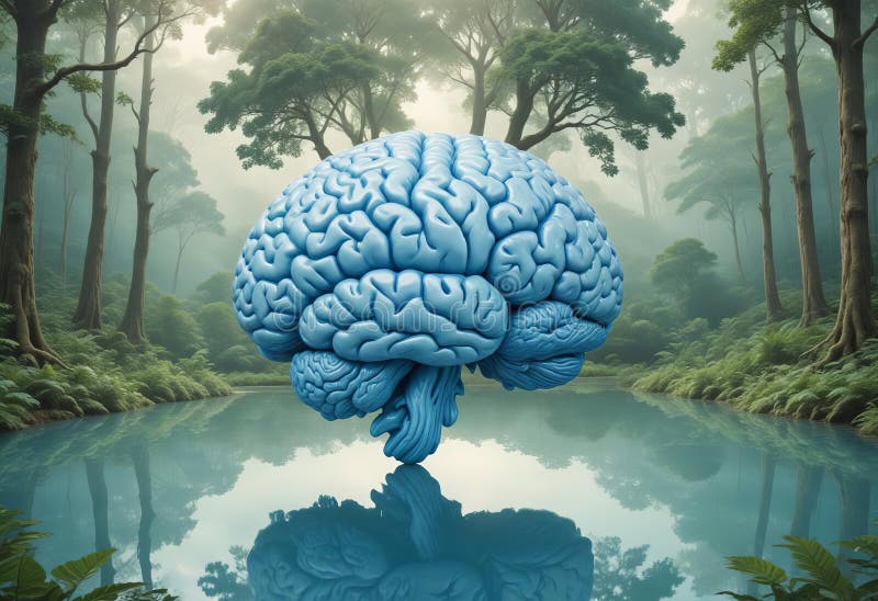 A Large Blue Brain Floating in a Serene Stock Illustration ...
