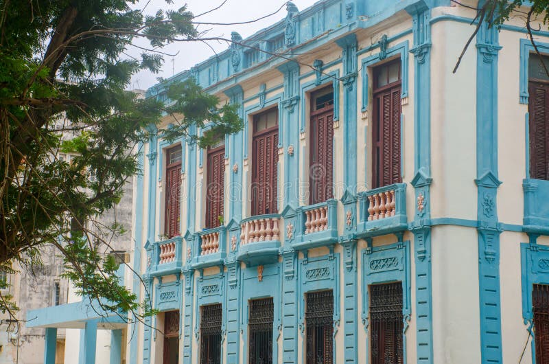 Large Blue Building Havana with Tree Stock Photo - Image of balcony ...