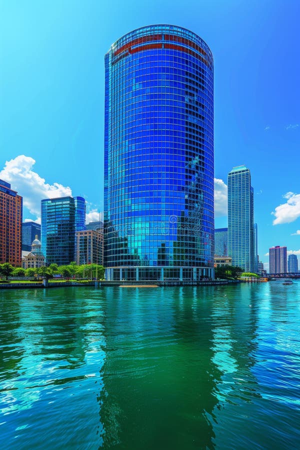 A Large Blue Building Sitting on Top of a Body of Water, AI Stock Image ...