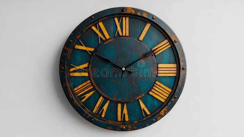 A Large Blue Clock with Roman Numerals on a White Wall Stock Photo ...