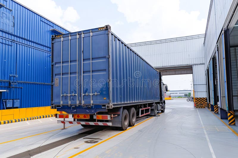 A Large Blue Container Truck Backing into an Industrial Loading Dock ...