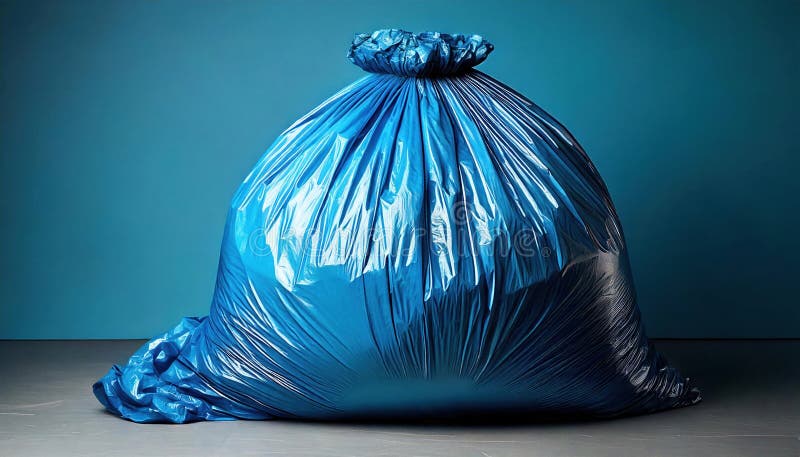 Large Blue Garbage Bag Filled with Waste Against a Solid Blue ...