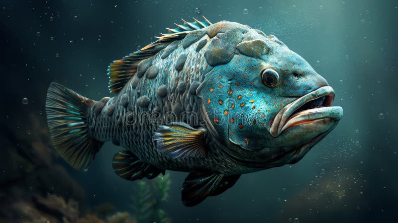 A Large, Blue and Grey Fish with a Spotted Pattern Swims in the Ocean ...