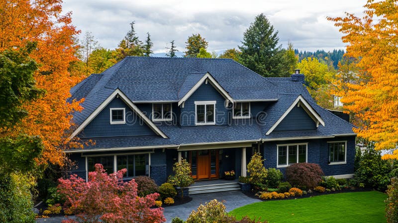 A Large Blue House Surrounded by Trees in the Fall Stock Image - Image ...