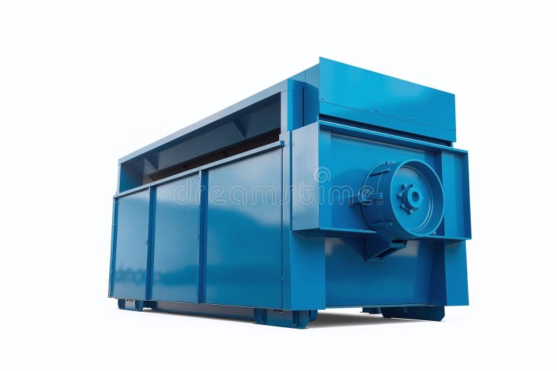 A Large Blue Industrial Waste Compactor Against a White Background ...
