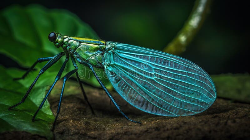 A Large Blue Insect Sitting on Top of a Green Leaf Stock Illustration ...