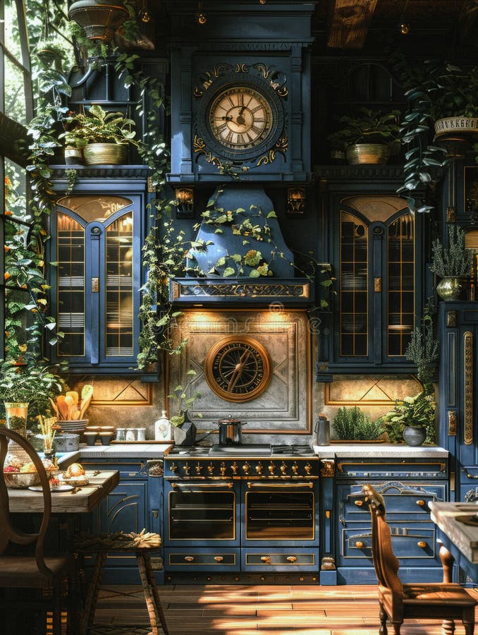 Large Blue Kitchen with Clock on the Wall Stock Image - Image of europe ...