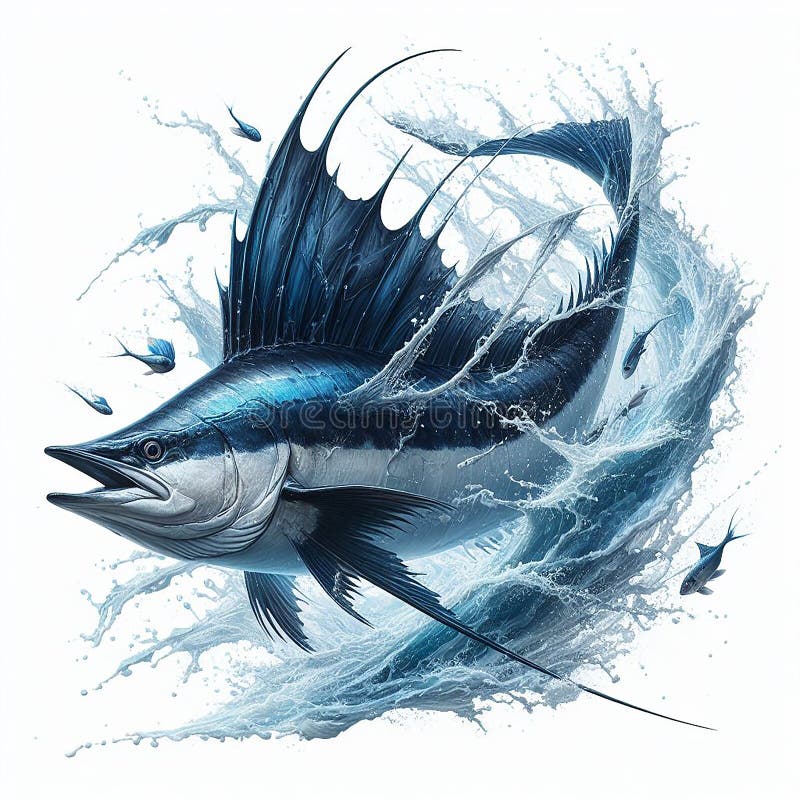 A Large Blue Marlin Surrounded by Water Splashes and Smaller Fish. the ...