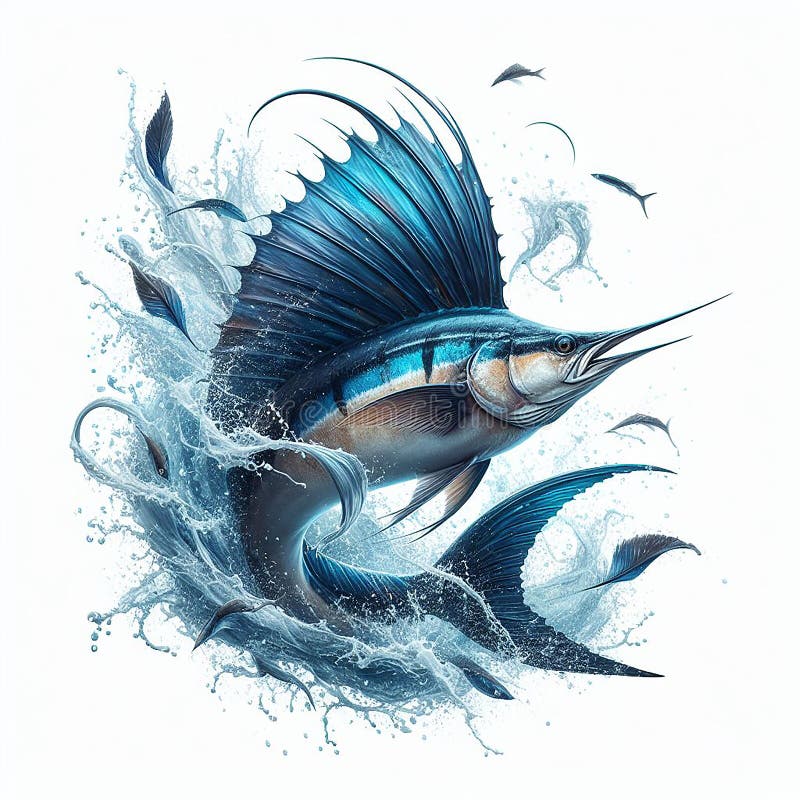 A Large Blue Marlin Surrounded by Water Splashes and Smaller Fish. the ...