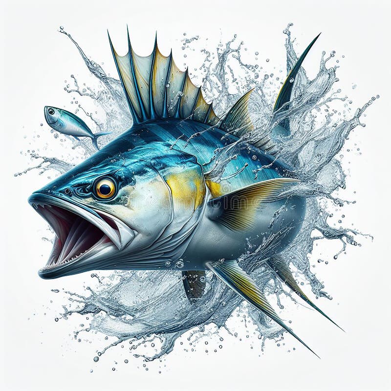 A Large Blue Marlin Surrounded by Water Splashes and Smaller Fish. the ...