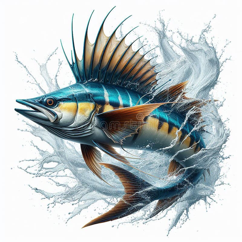 A Large Blue Marlin Surrounded by Water Splashes and Smaller Fish. the ...