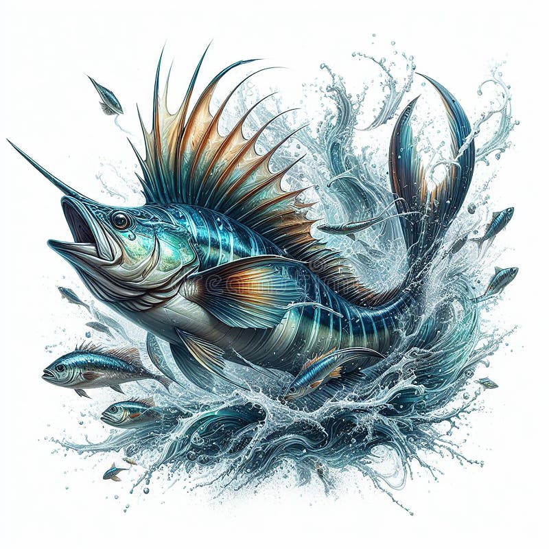 A Large Blue Marlin Surrounded by Water Splashes and Smaller Fish. the ...