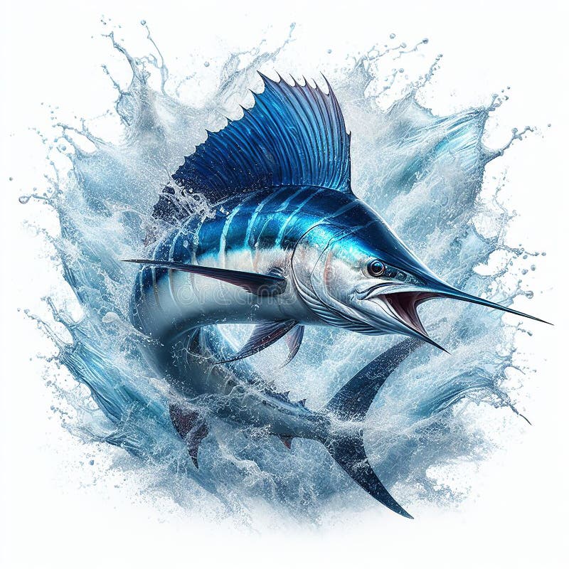 A Large Blue Marlin Surrounded by Water Splashes and Smaller Fish. the ...