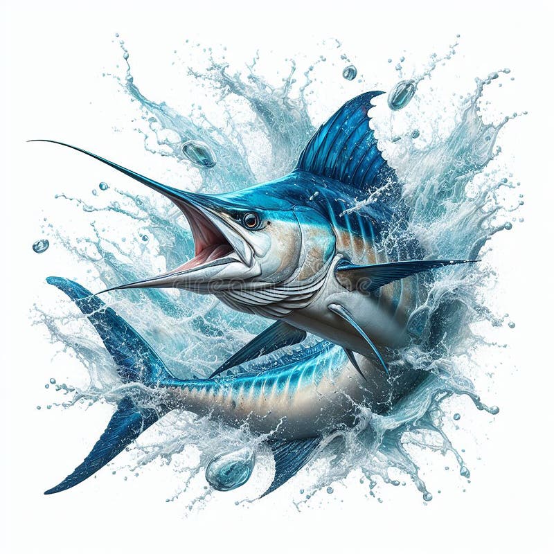 A Large Blue Marlin Surrounded by Water Splashes and Smaller Fish. the ...